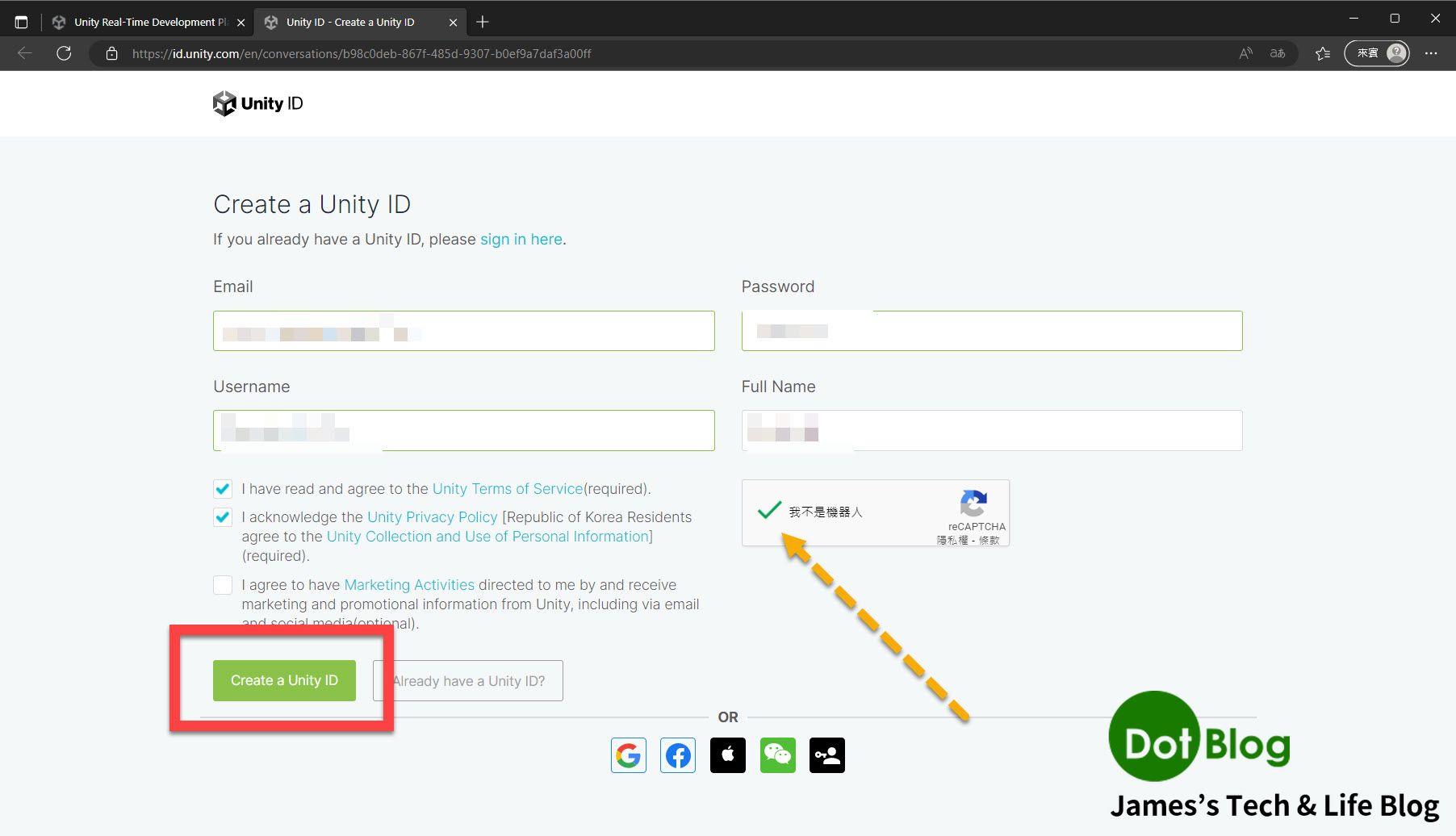 建立 Unity ID... | James's Tech & Life Blog - 點部落